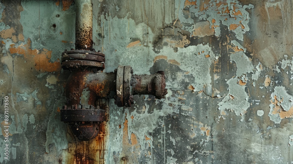 The rusty pipe is prominently protruding from the old and weathered ...
