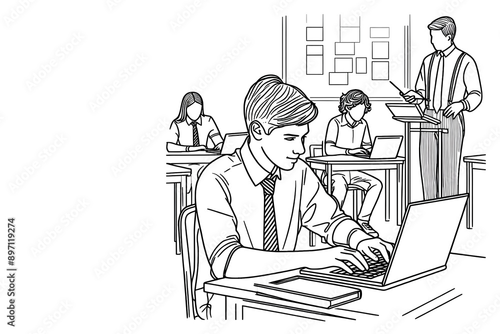 continuous single line art drawing of a caring teacher tutoring collage ...