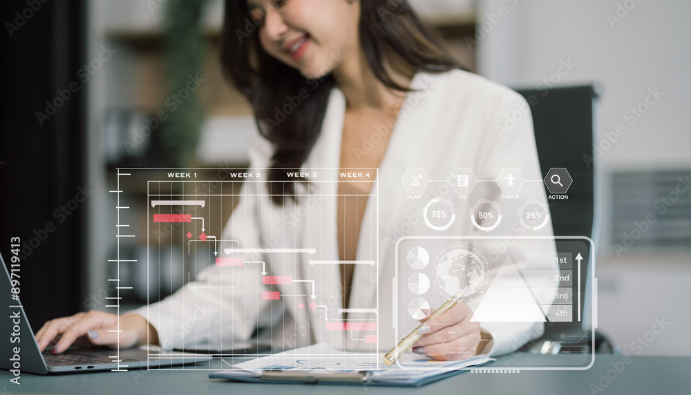 Business woman hand Project manager working and update tasks and Gantt ...