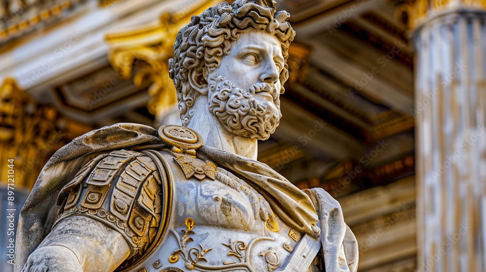 A statue of stoic masculine man, dressed in ancient Roman attire with ...