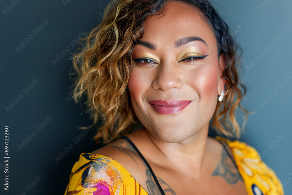 Portrait of transgender individuality looking at camera and smiling ...