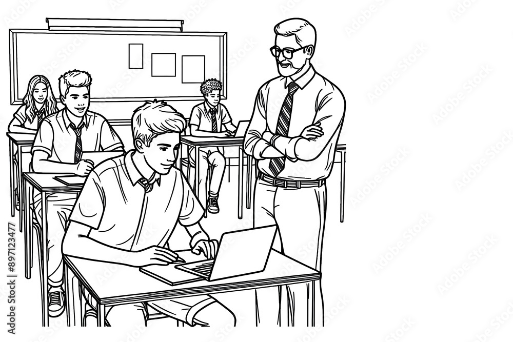 continuous single line art drawing of a caring teacher tutoring collage ...