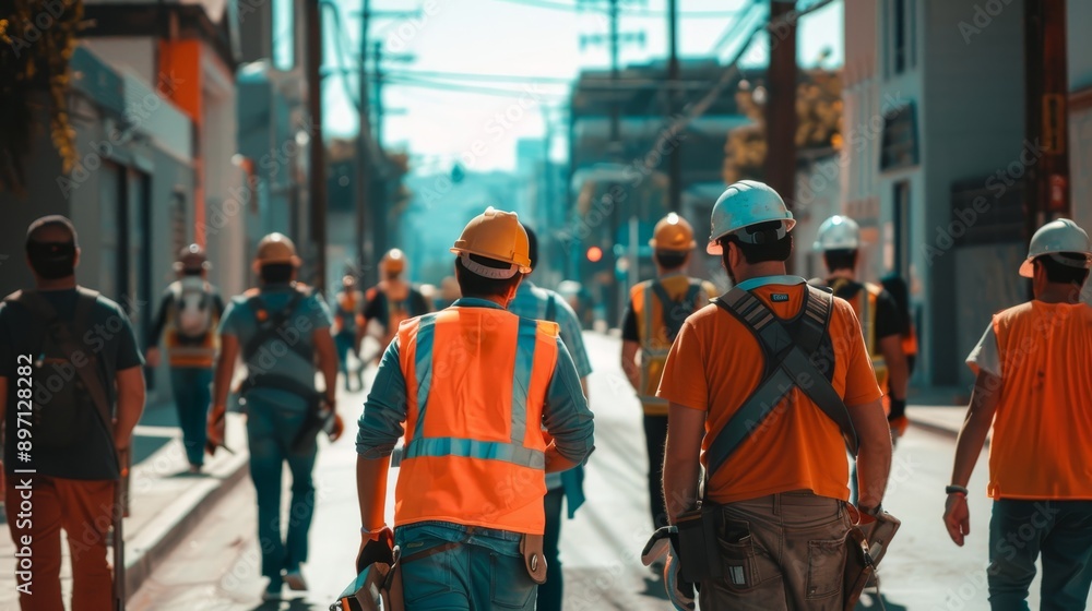 A group of construction workers wearing hard hats and safety vests are ...