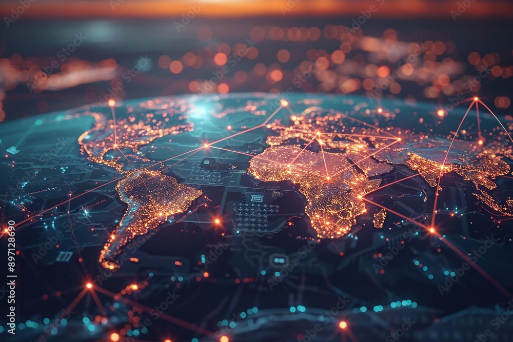 ai generative network of digital lines over a world map between ...