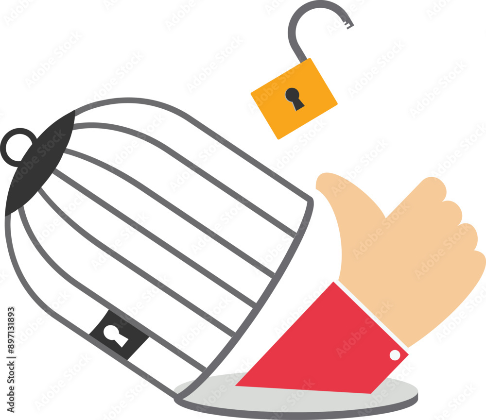 Thumb up with key free himself from cage. Solving problem, identify ...