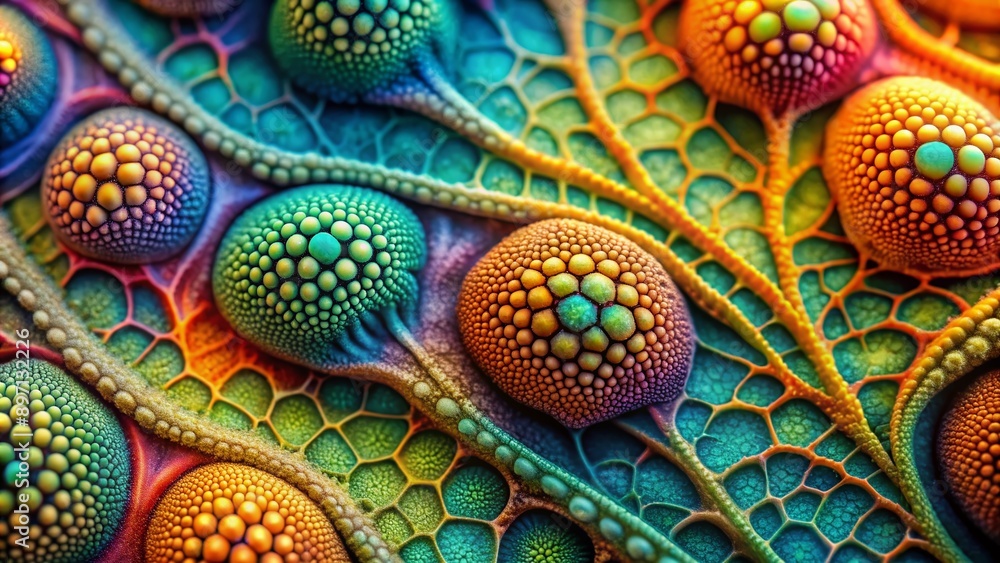 Vibrant microscopic view of intricate insect skin textures and colorful ...