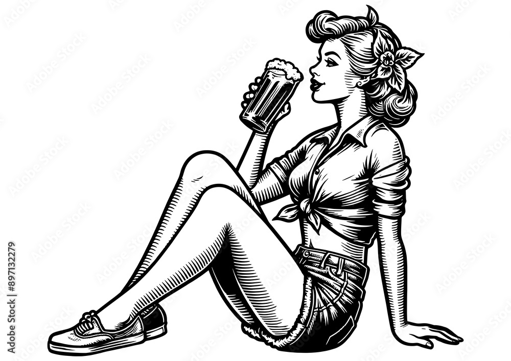 Pin Up Girl Sitting And Drinking A Frothy Beer Classic And Nostalgic 2716