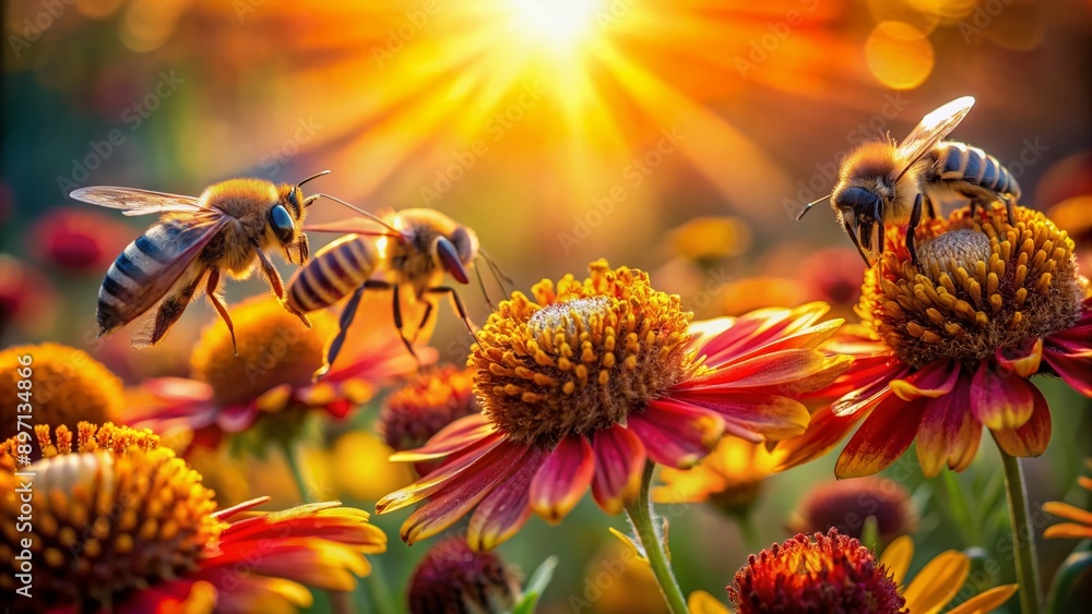 Warm golden sunlight illuminates busy bees flitting between vibrant ...