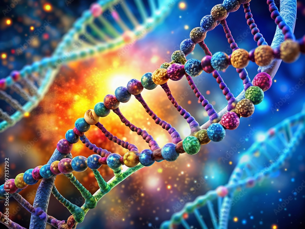 Colorful microscopic image of a DNA double helix, showcasing twisted ...