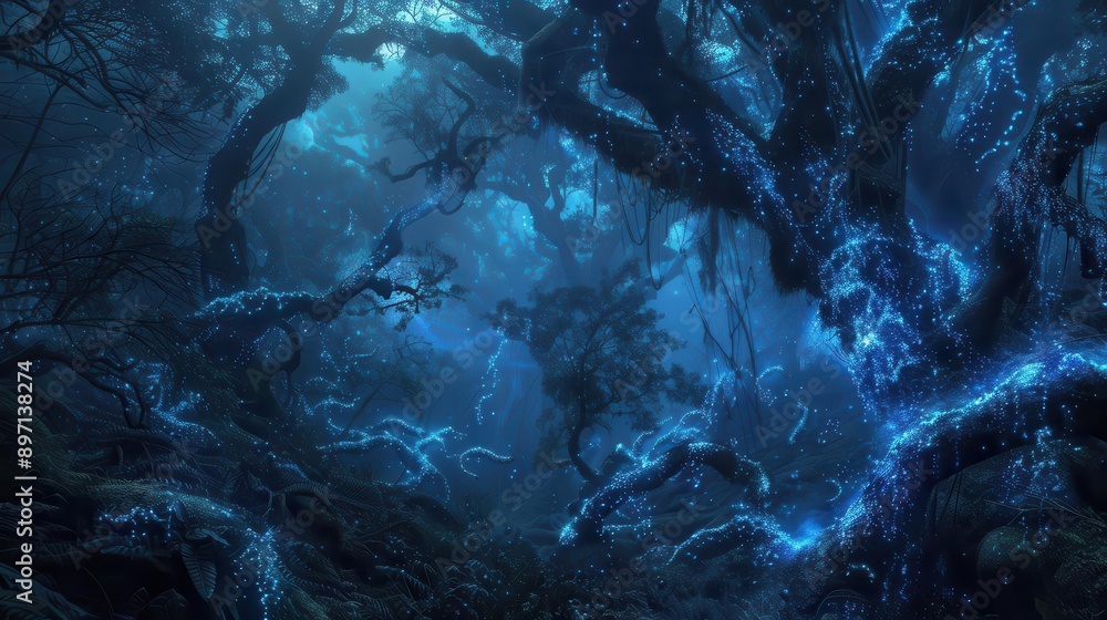 bioluminescent mistshrouded ancient forest ethereal tendrils of glowing ...