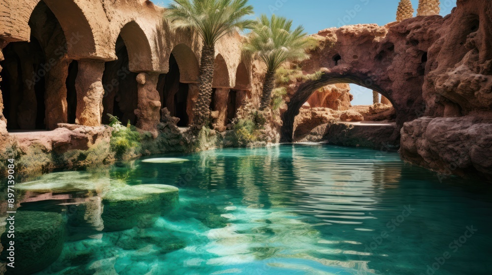 photograph of an ancient turquoise oasis revered by nomadic tribes, its ...