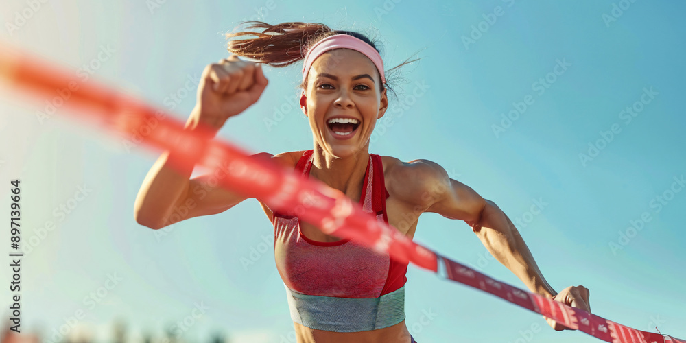 hispanic female athlete crosses the finish line with a triumphant smile ...