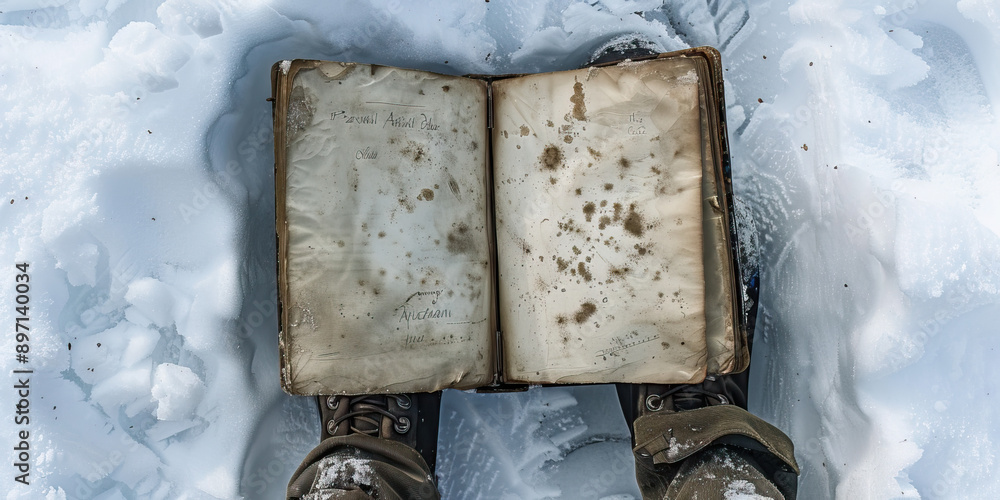 Arctic Adventurer's Tale: A weathered journal, open to a page detailing ...