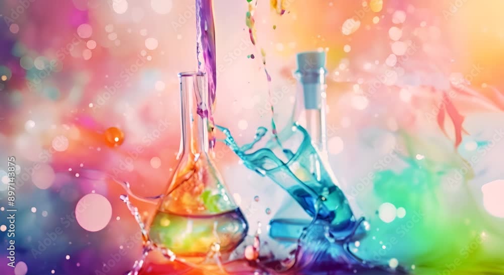 Two beakers of colorful liquids are splashing water, creating a vibrant ...
