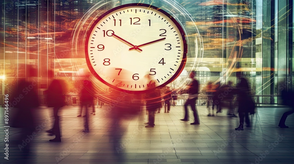 Large clock dominates a bustling metropolitan station, underscoring the ...