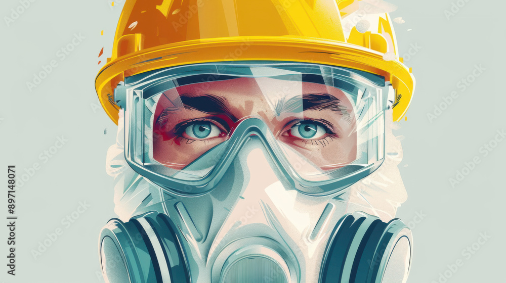 Artistic illustration of a worker wearing a gas mask and helmet ...