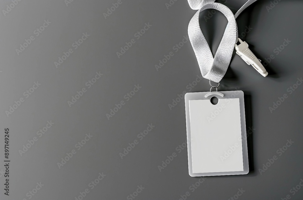 Minimalist white blank lanyard with badge on gray background, mockup ...