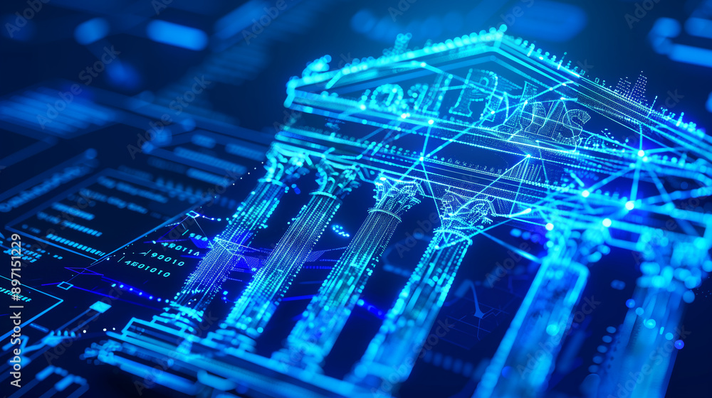 A blue image of a bank building with a lot of lines and numbers. The ...