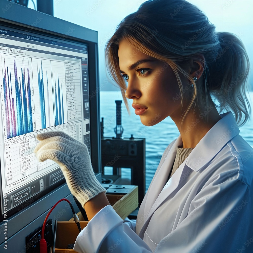 The climate researcher analyzes the results of the ice cores with a ...