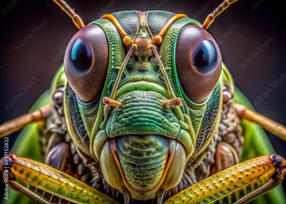 Magnified microscopic image of a grasshopper's face reveals intricate compound eyes, antennae ...