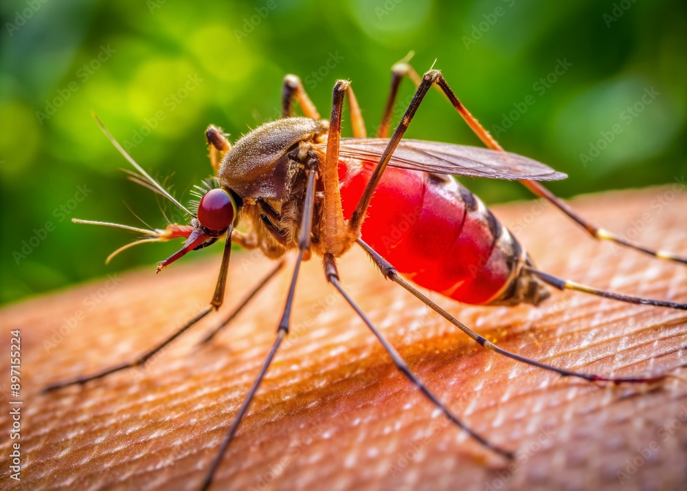 Close-up of a swollen red mosquito bite on skin with a tiny mosquito ...