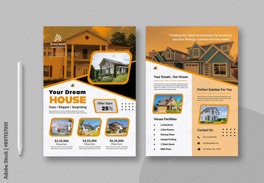 Real Estate Flyer Layout With Orange Accents Stock Template | Adobe Stock