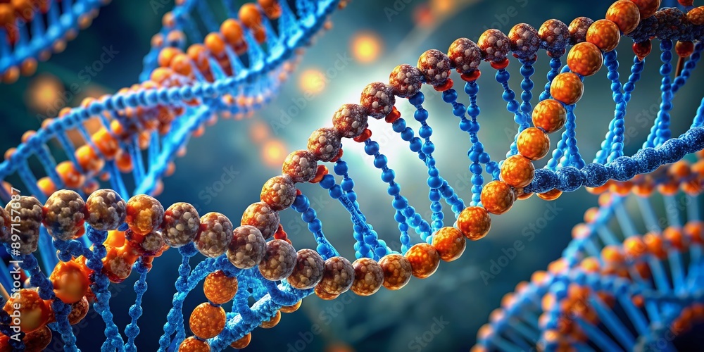 Vibrant blue and orange DNA double helix molecule structure, magnified ...