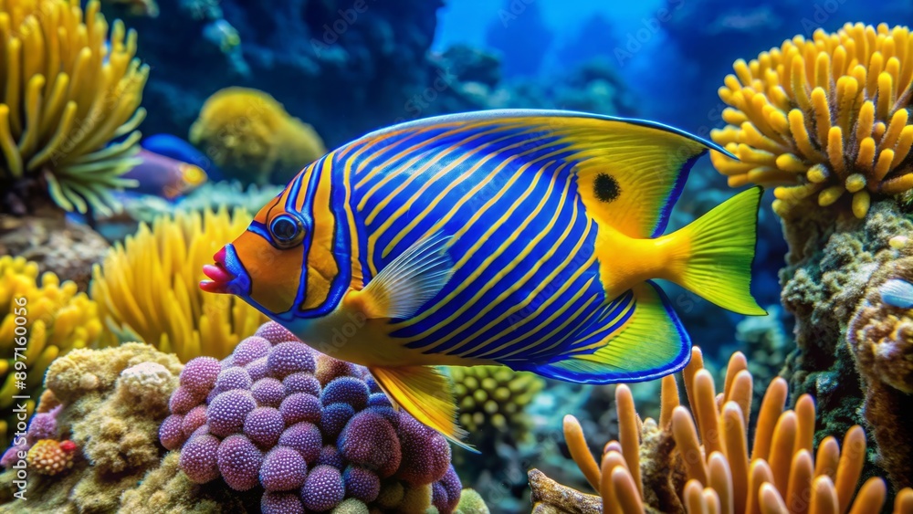 Vibrant royal blue and yellow angel fish swims majestically above coral ...