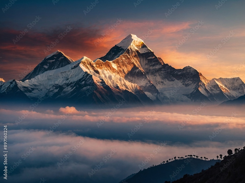 Himalayan sunset view with Mt. Everest. Stunning sky and peaks above ...