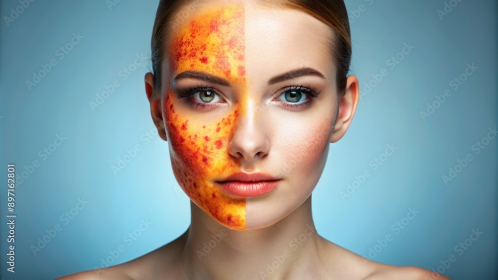 Before and after split-screen illustration of a facial skin ...