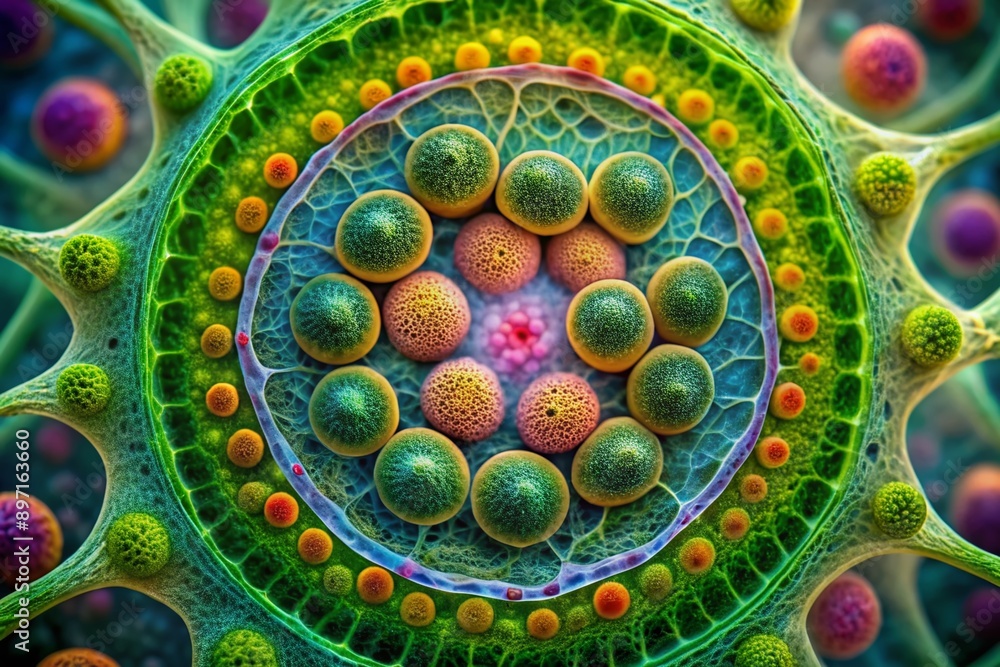 Vibrant, intricate microscopic view of an onion cell's cellular structure, revealing delicate ...
