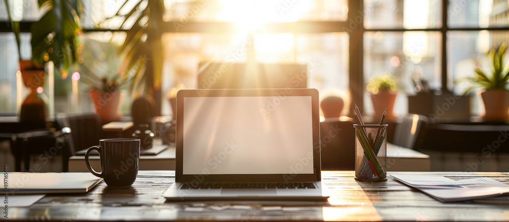 Office, space and laptop screen on desk with mockup for creative ...