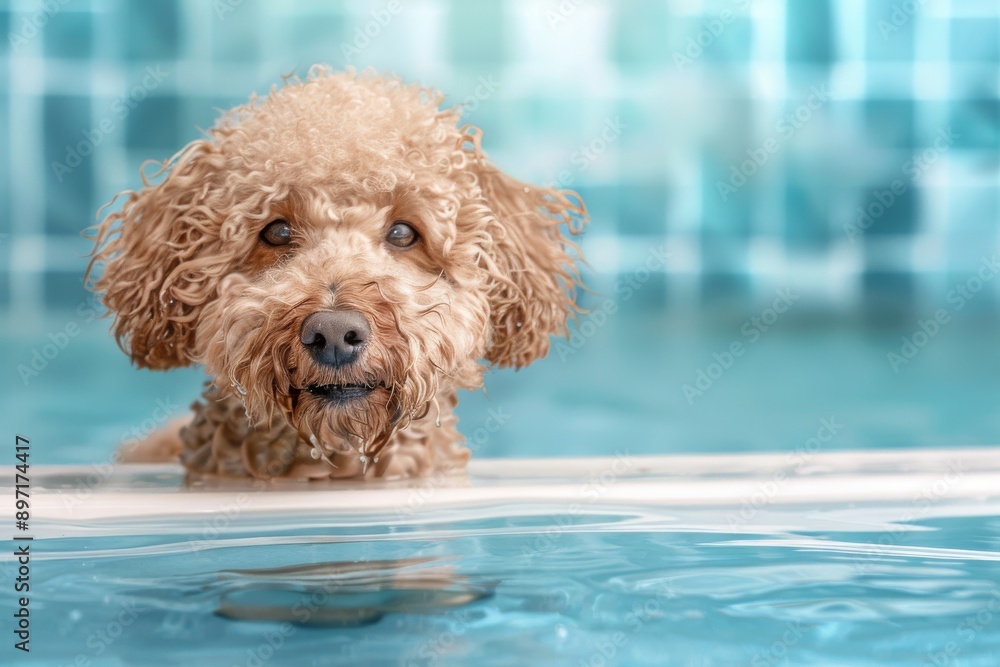 Underwater funny photo of brown maltipoo poodle puppy in the pool ...
