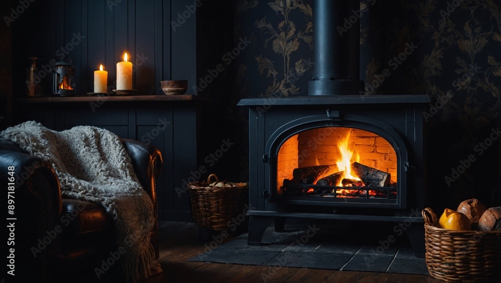 Inviting log fire in a cozy room, dark wallpaper setting a warm tone ...