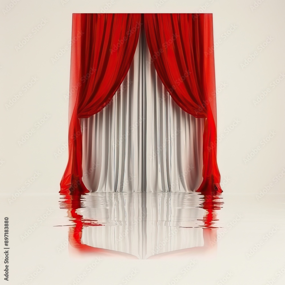 Elegant red and white curtains with a reflection on a glossy floor ...