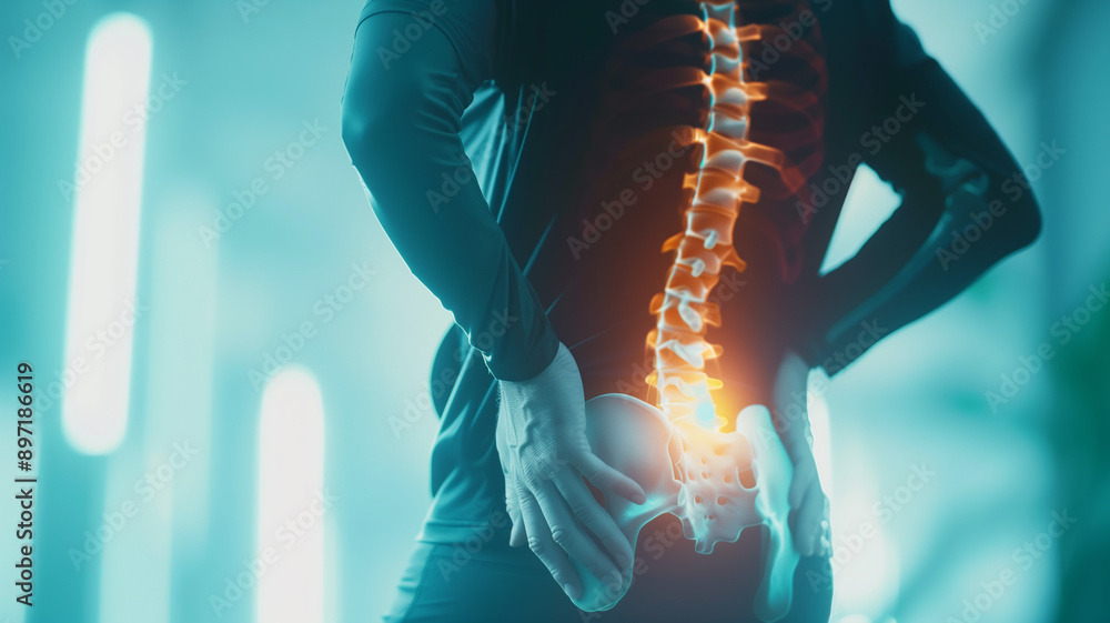 A man with lower back pain, focusing on the lumbar spine and the ...