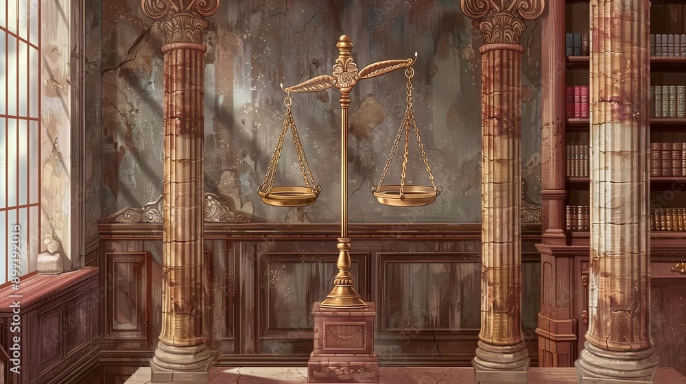 Antique golden scales of justice in an elegant, classical courtroom ...