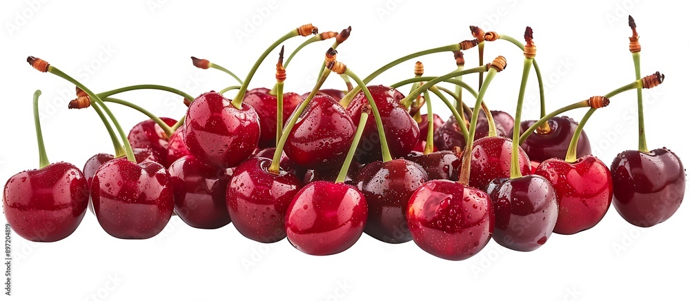 A close-up of a heap of red cherries from the side, set against a ...