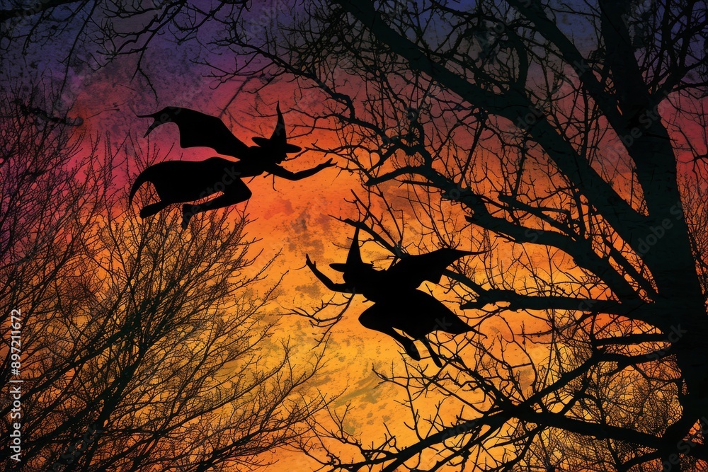 Two distinct witch silhouettes soar through a forest filled with trees ...