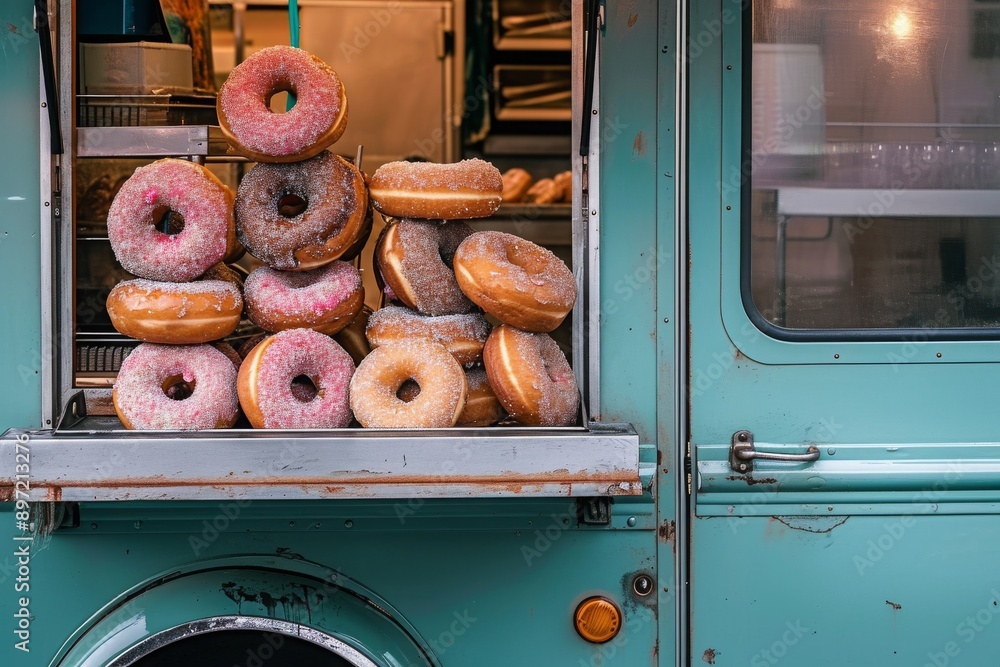 A tower made of doughnuts, with various flavors and colorful toppings ...