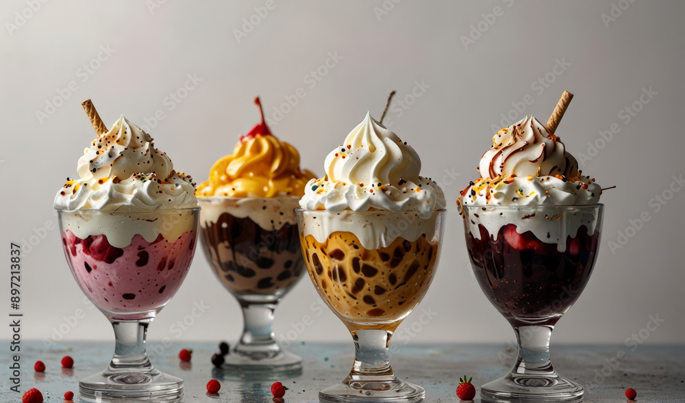 ภาพประกอบสต็อก Collection of Sundae sundaes ice cream frozen dessert in ...