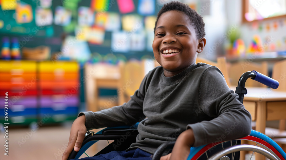 Happy disabled african american child in wheelchair smiling in diverse ...