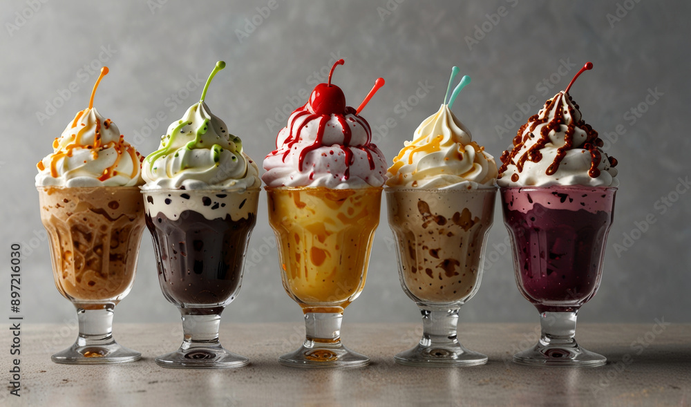 ภาพประกอบสต็อก Collection of Sundae sundaes ice cream frozen dessert in ...