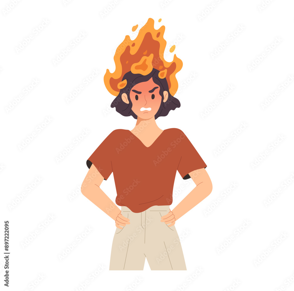 Angry woman with fire on her head. Concept of negative emotion, anger ...