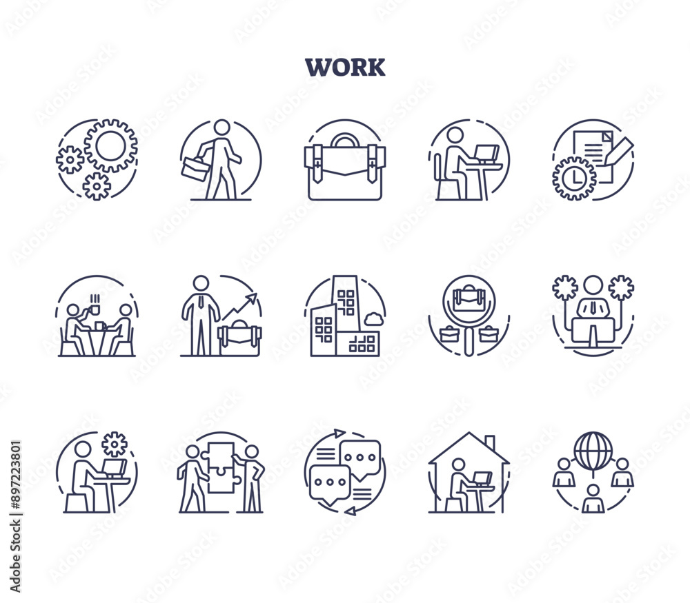 Vetor de Work icons with job and professional business career outline ...