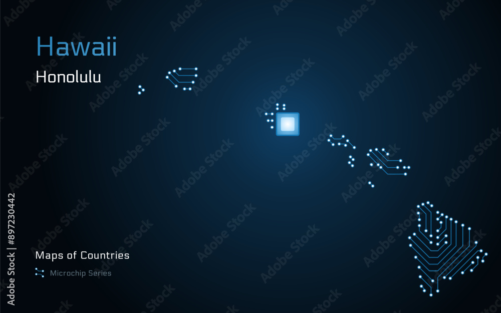 Hawaii Map with a capital of Honolulu Shown in a Microchip Pattern. E ...