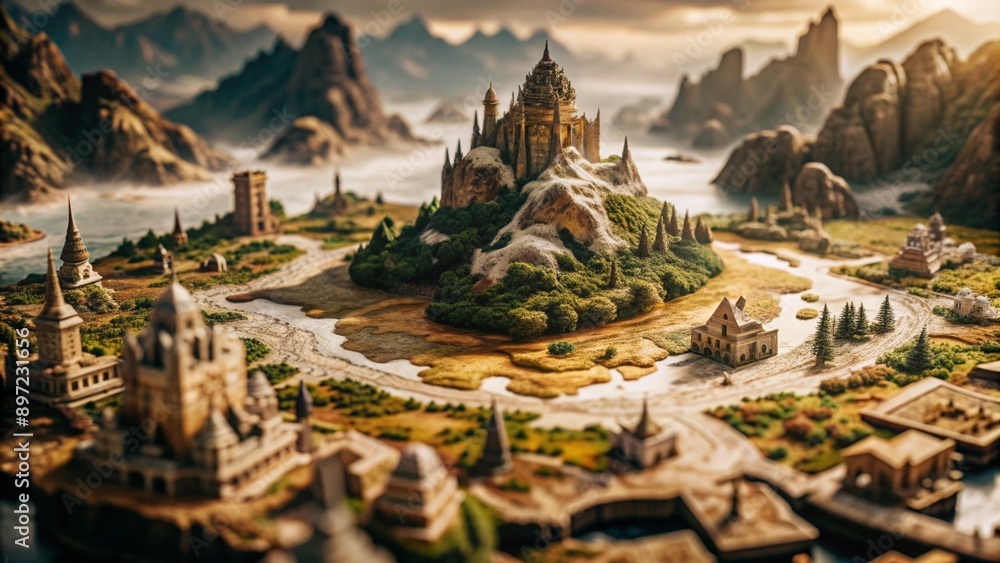 Illustrate a detailed map of a fantasy world, complete with mountains ...