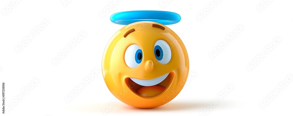 emoji icon of a face with a halo depicted in bright yellow with a blue ...