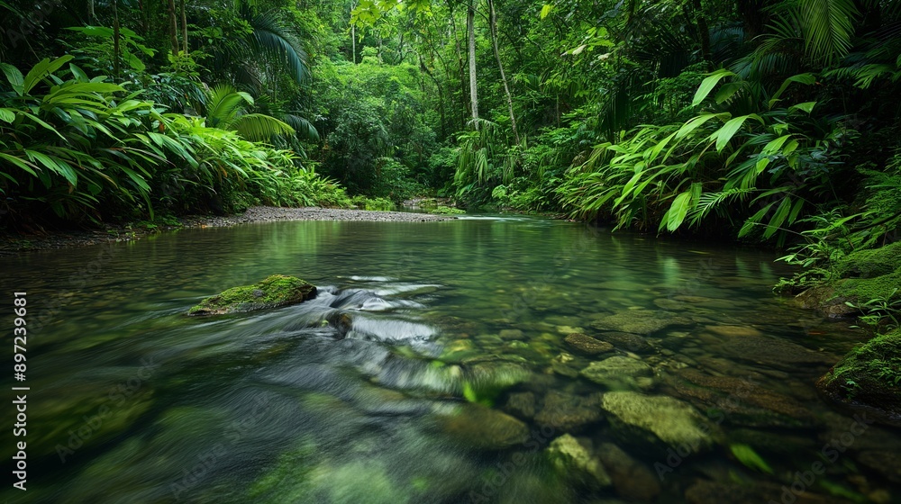 A lush, green rainforest with a clear river flowing through it ...