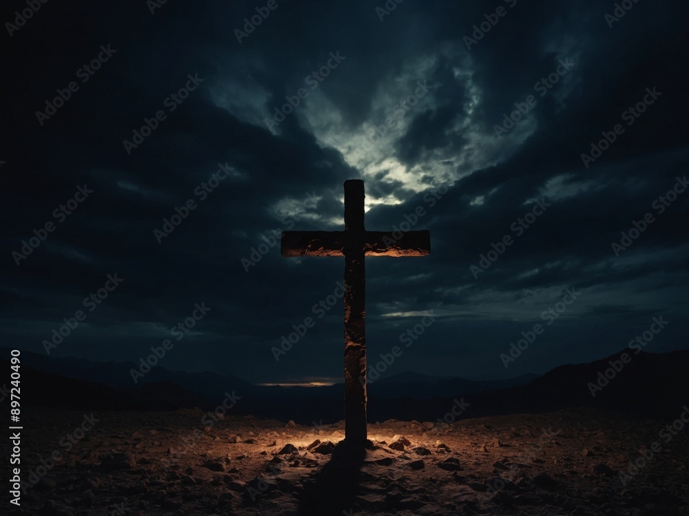 silhouette of a cross in a barren dark hell landscape cross lighting ...